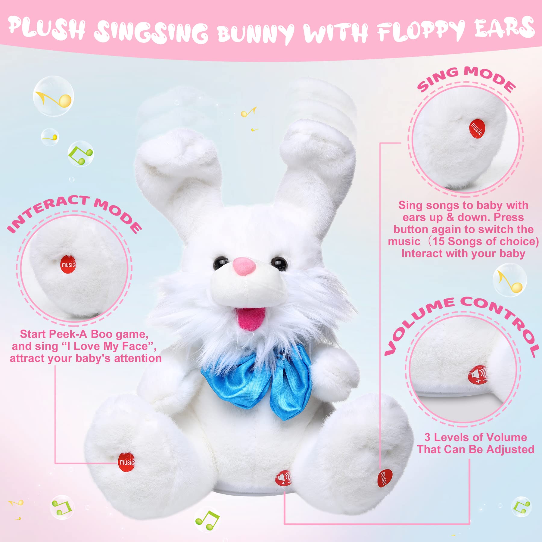 MIAODAM Peek A Boo Bunny Stuffed Animal, Singing Baby Toys for Girls, Children Song & Lullabies Stuffed Bunny Rabbit Repeats What You Say, Bunny Baby Toys 6-12 Months Talking Singing with Floppy Ears