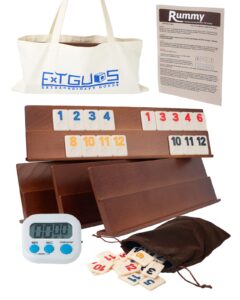 extguds deluxe rummy cube game set, 106 tiles rummy cube game,classic wooden rummy game,with 4 handmade wooden racks, portable canvas bag, rummy tiles travel set for family classic board games