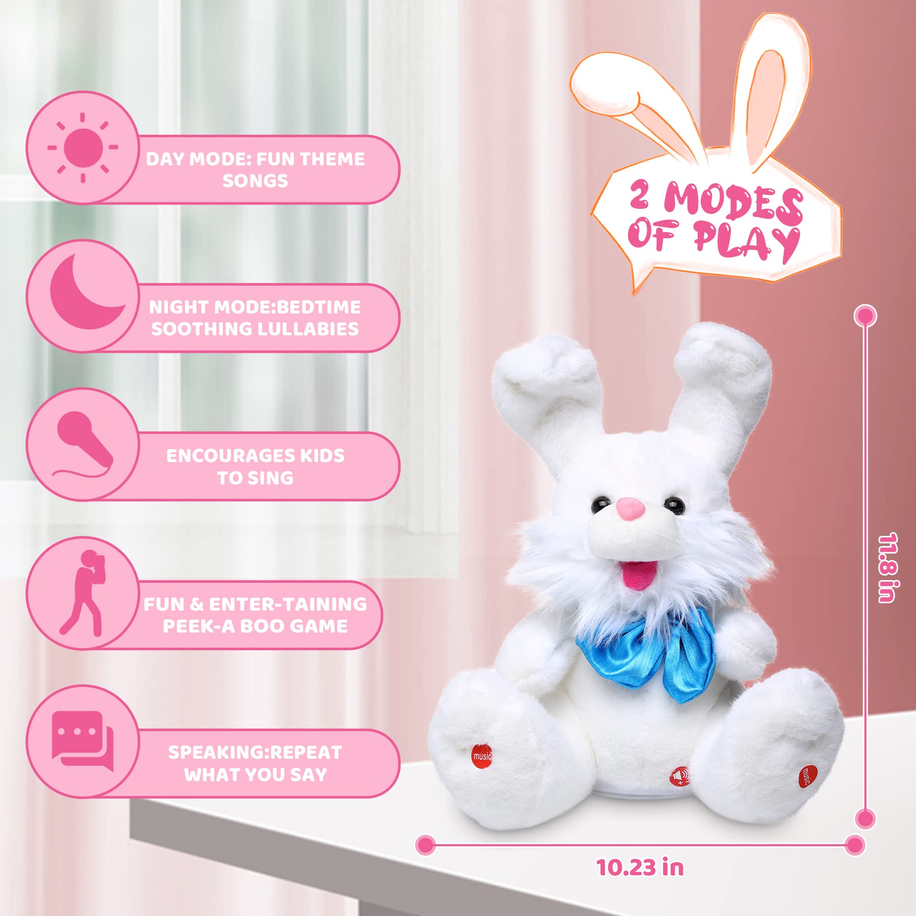 MIAODAM Peek A Boo Bunny Stuffed Animal, Singing Baby Toys for Girls, Children Song & Lullabies Stuffed Bunny Rabbit Repeats What You Say, Bunny Baby Toys 6-12 Months Talking Singing with Floppy Ears