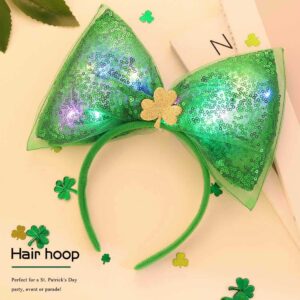 JONKY St Patricks Day Headband Light Up Green Bow Hair Band LED Irish Headbands Shamrock Costume St Pattys Day Accessories for Women and Girls