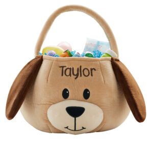 personalization universe embroidered plush puppy personalized easter basket, baby's first easter, basket with reinforced handles, customized with any name, boys and girls