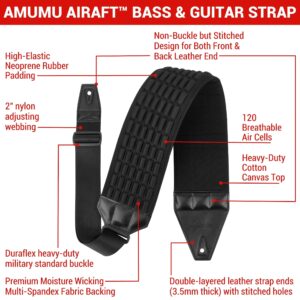 Amumu AIRAFT Bass & Guitar Strap 4" Ultra Wide - 0.7" Thick Breathable Convex 3D Air Cell Cushions - Neoprene Padding - Cotton Canvas Top - Adjustable Length 48"-63"(Long)