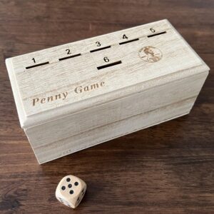 penny game - fun board game works with coines, get rid of coins to win, penny game wood box for 2+ players, simple + strategic dice games