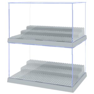 2 pack display case for minifigure action figures blocks, acrylic minifigure display case box storage with 3 movable steps gift for kids adults (grey)