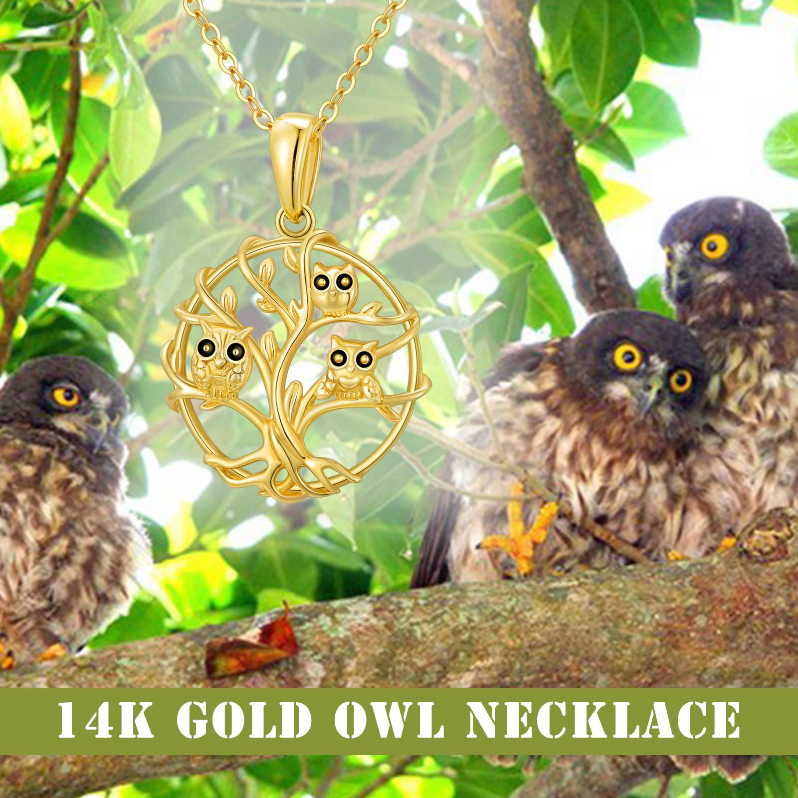 ELFRONT Owl Necklaces 14K Yellow Gold Owl 14kt Gold Owl Tree of Life Jewelry Gifts for Women