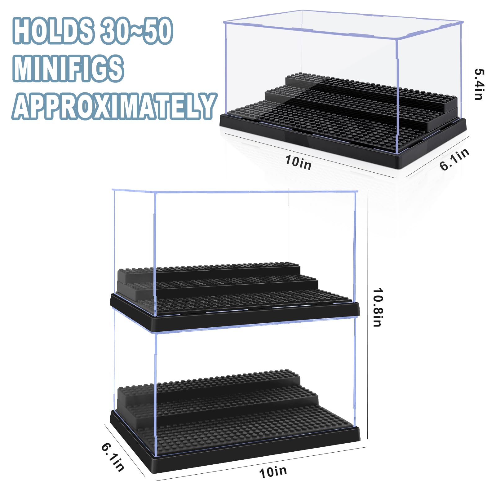 Minifigures Display Cases, 2 Pack Mini-Figure Display Box for Block Figures, Minifigures Case with 3 Removable Stands Fits for Lego Standard Figures, Compatible with Lego People (Black)