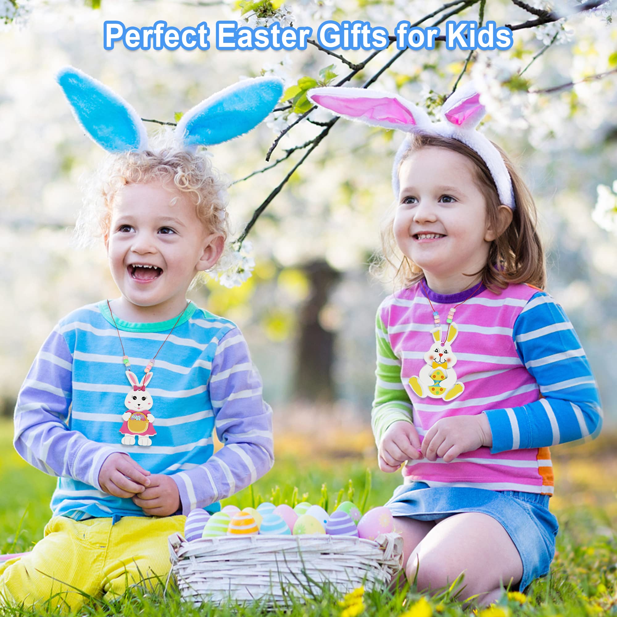 Easter Crafts for Kids 12 Pack Easter Eggs Bunny Necklaces Easter Gifts for Kids Ages 4-8 8-12, DIY Easter Rabbits Foam Hanging Ornaments Necklaces Easter Party Favors Classroom School Activity