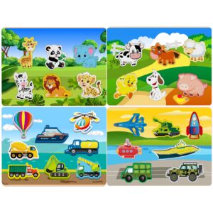 wtaleop wooden peg puzzle for toddlers 1-3 year old,funsland puzzles gifts colorful toys cartoon gifts,farm zoo animals vehicle arsenal puzzles (pack of 4)