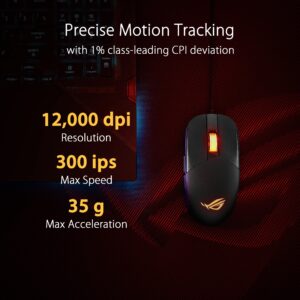 ASUS ROG Strix Impact III Gaming Mouse, Semi-Ambidextrous, Wired, Lightweight, 12000 DPI Sensor, 5 programmable Buttons, Replaceable switches, Paracord Cable, FPS Gaming Mouse, Black