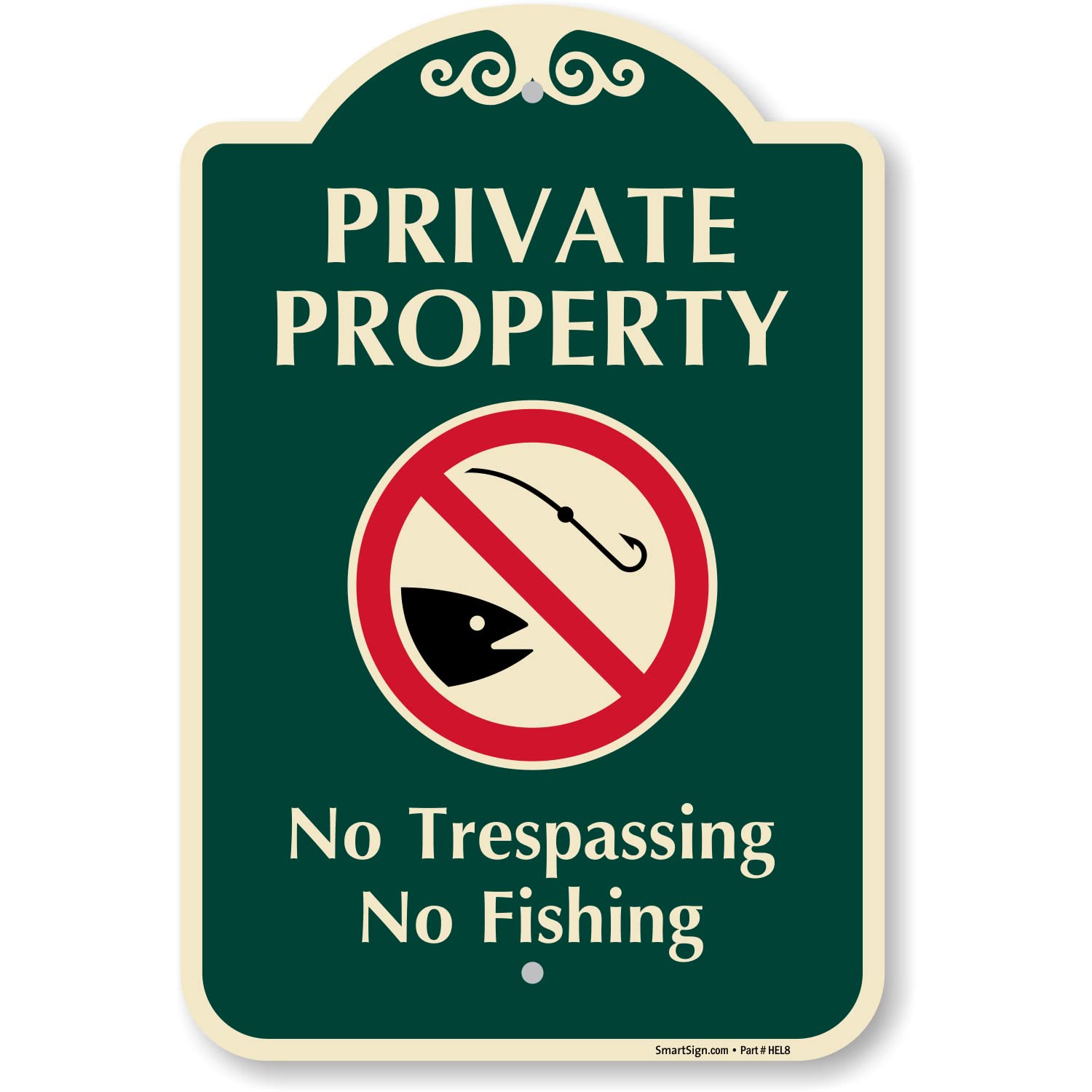 SmartSign Designer "Private Property - No Trespassing, Fishing" Sign, 12" x 18", 120 mil Aluminum Composite (ACM) with Overcoat, Red & Green, Made in USA