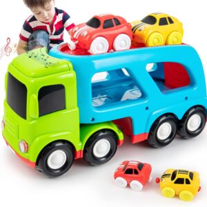 auspint car toys for 1 2 3 4 5 years old toddlers, large transport truck and 2 small cartoon magnetic racing cars, transport truck with sounds and lights, best gift for boys and girls