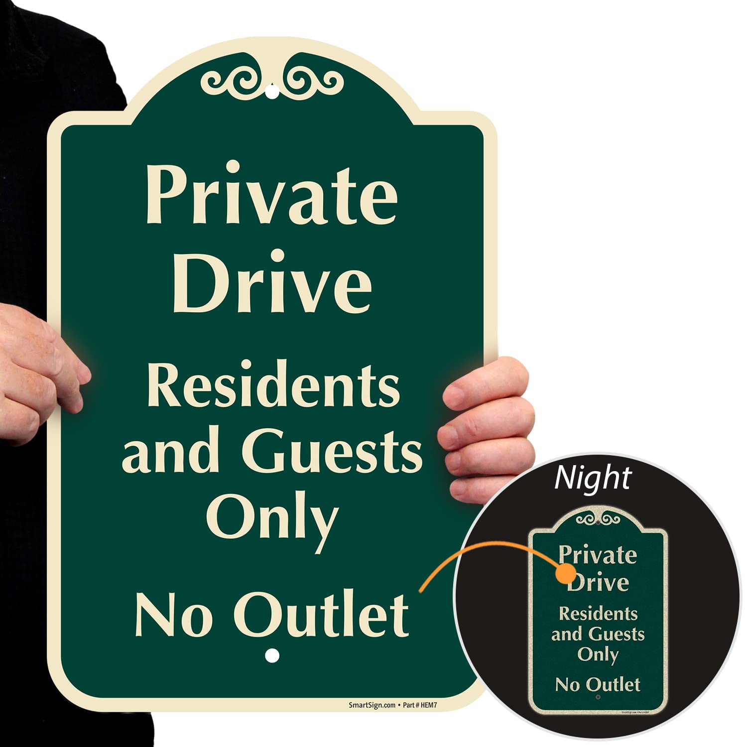 SmartSign Designer "Private Drive - Residents And Guests Only, No Outlet" Sign, 12" x 18", 120 mil Aluminum Composite (ACM) with Overcoat, Engineer Grade Reflective, Green, Made in USA