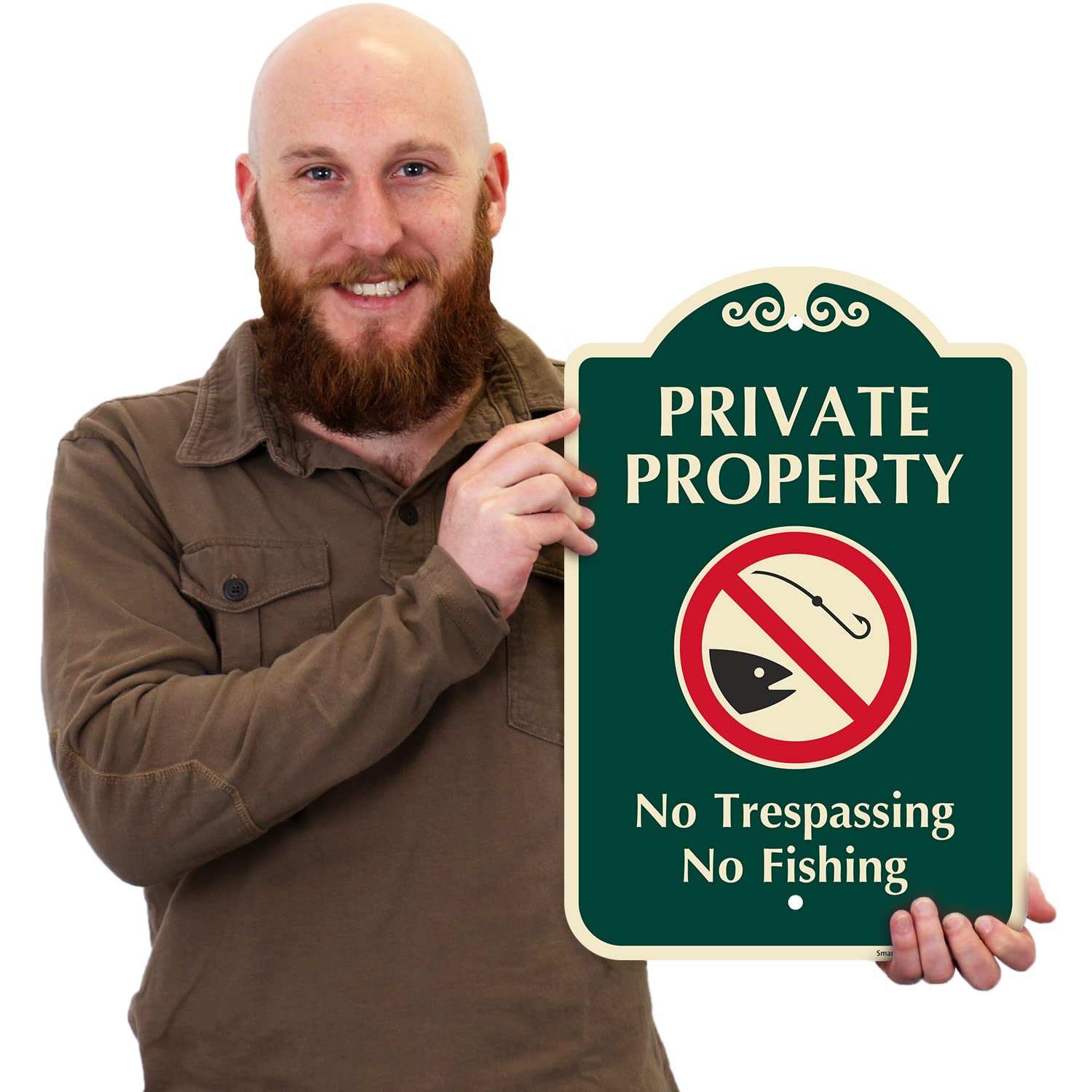 SmartSign Designer "Private Property - No Trespassing, Fishing" Sign, 12" x 18", 120 mil Aluminum Composite (ACM) with Overcoat, Red & Green, Made in USA