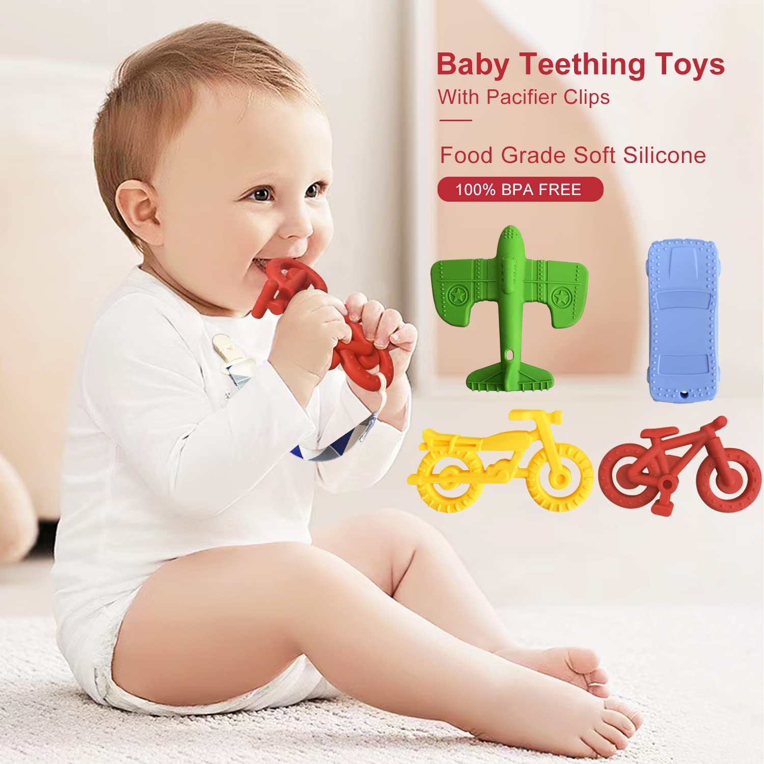 Teething Toys for Babies 6-12 Months 12-18 Months, Baby Teething Toys, Baby Chew Toys, BPA Free Teething Toys, Baby Teether, Transportation Tools Shape Teethers, Baby Toys for Boys Girls (6 Pack)