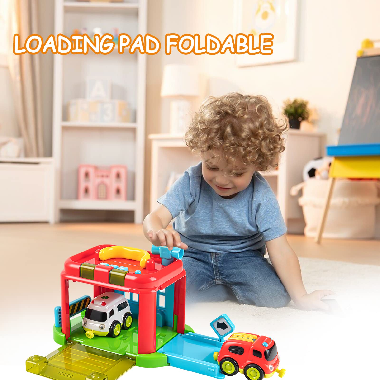 Auspint Children's Fire Rescue Center Toy Set - Includes Fire Truck, Ambulance and Station Scene Take-Around City Emergency Center Toy for Baby 18 Months + Party Birthday Gift