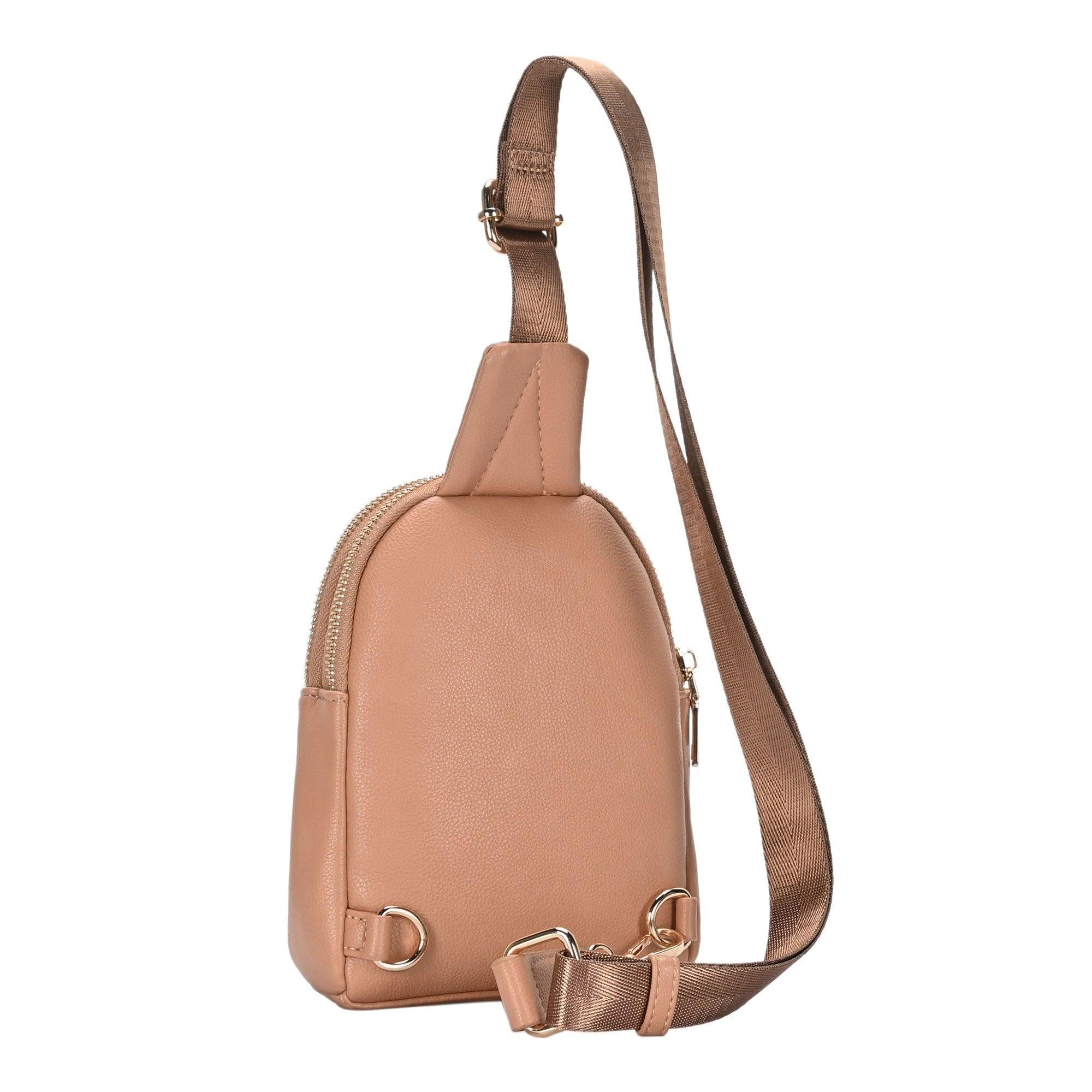 Madison West Women's Nyxx Mini Sling Purse, Sling Bag for Women, Adjustable Sling Strap, Soft Pebbled Vegan Leather, Double Zip Compartment, Caramel