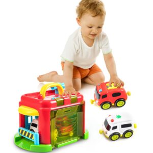 auspint children's fire rescue center toy set - includes fire truck, ambulance and station scene take-around city emergency center toy for baby 18 months + party birthday gift