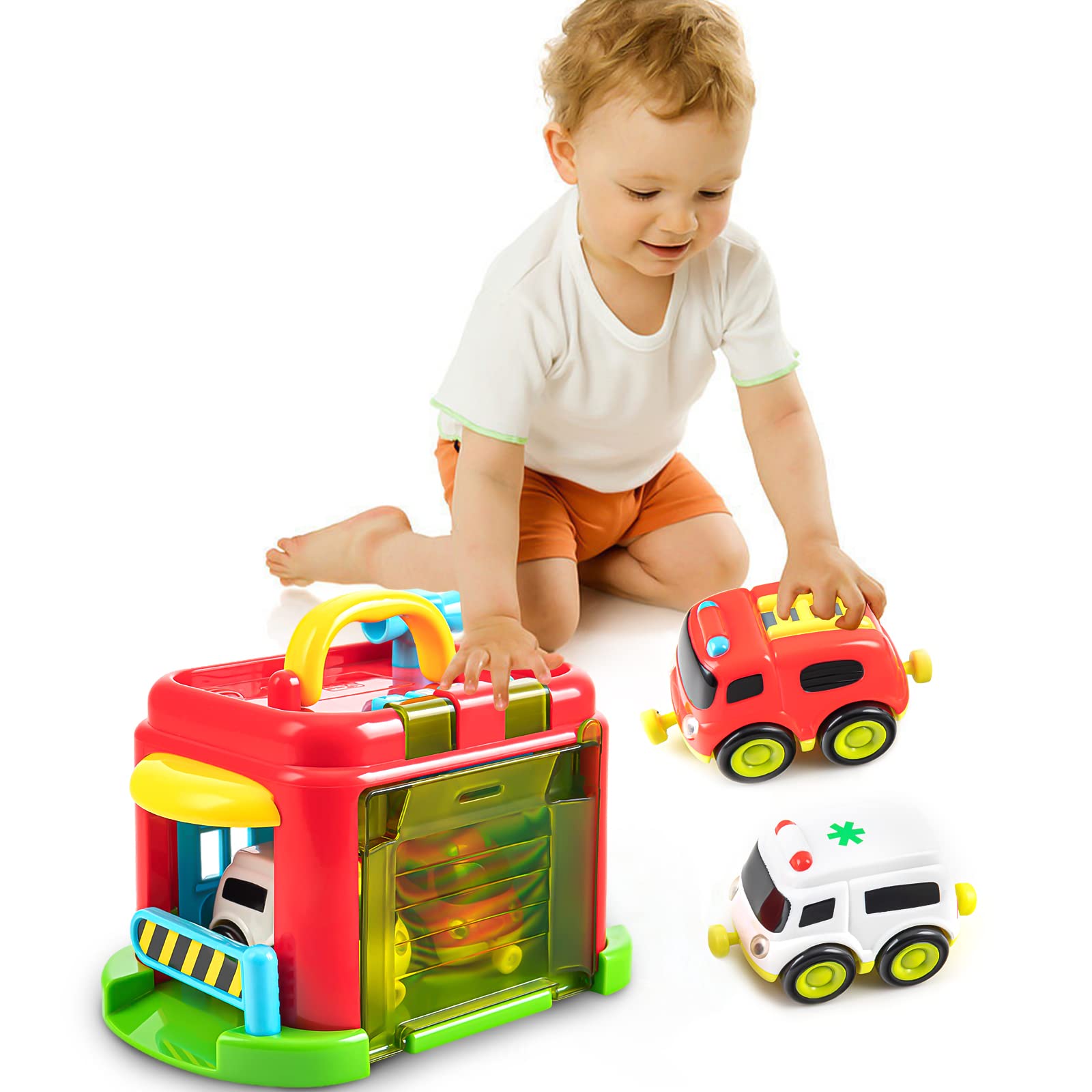 Auspint Children's Fire Rescue Center Toy Set - Includes Fire Truck, Ambulance and Station Scene Take-Around City Emergency Center Toy for Baby 18 Months + Party Birthday Gift