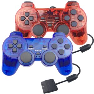 jinhoabf 2 pack ps2 wired controller,double shock gamepad compatible with playstation 2 console (clear red and clear blue)