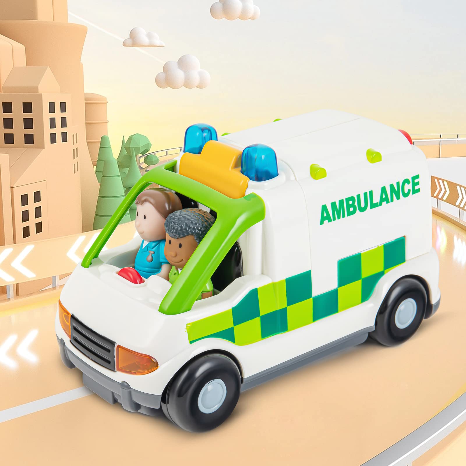 Auspint Ambulance Toys Friction Powered Vehicle with Lights and Sounds,Rescue Role Play Set,Play and Learn Toddler Toys for 1 2 3Years Old Boys Kids Toy Truck Party Birthday Gift