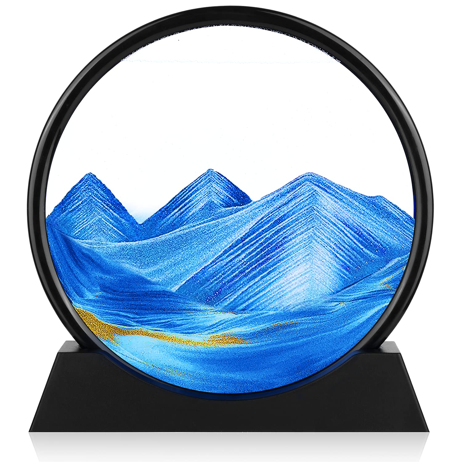 Moving Sand Art Picture - 3D Quicksand Painting Decor - Round Glass 3D Deep Sea Sandscape - Relaxing Home Decoration Desk Toys for Home Office Desk Mantle Bookshelf- (Blue, 7 in)