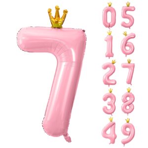 roblue 40inch number balloon large birthday party decorations, number 7 large pink crown balloons cute balloons for birthday wedding anniversary decoration party supplies