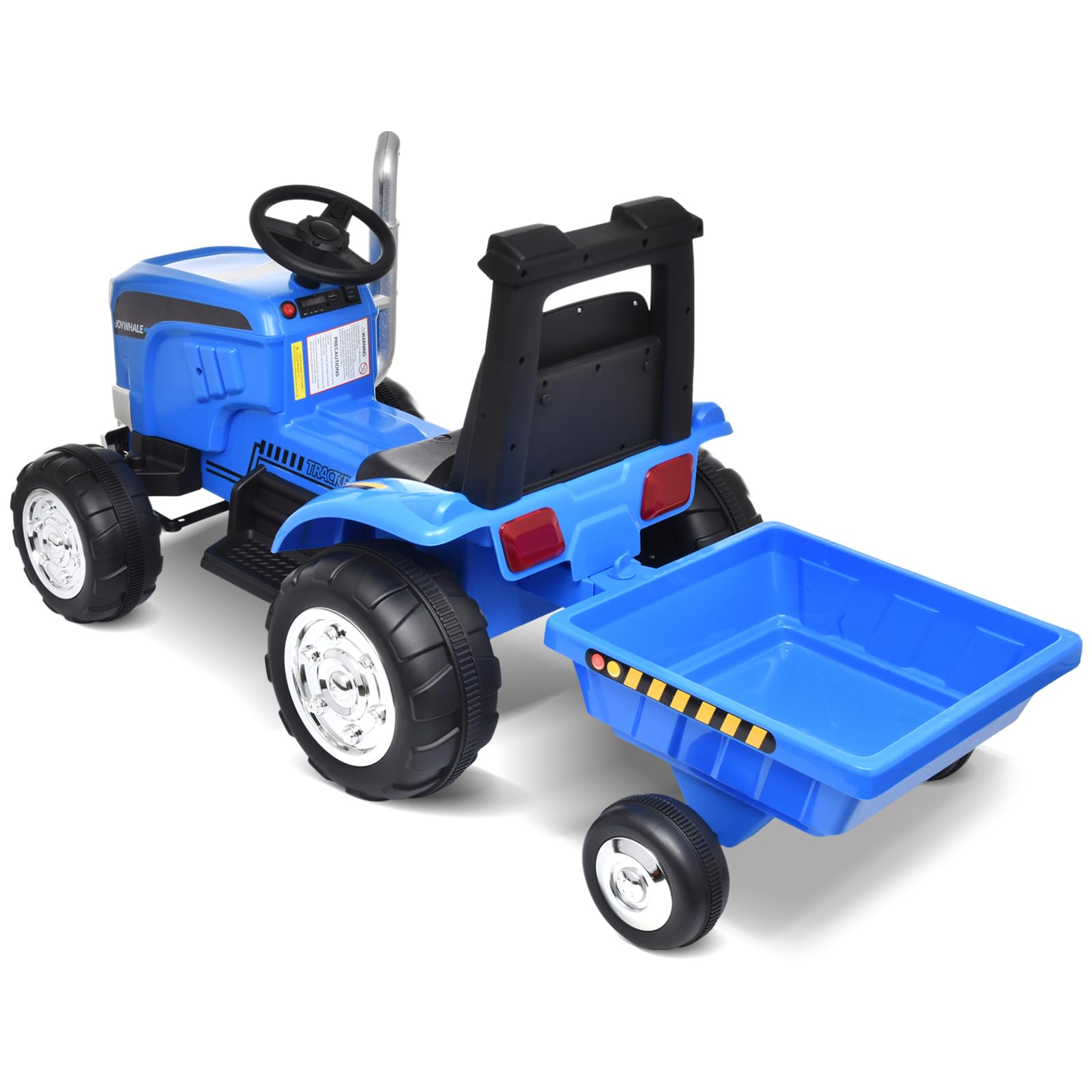 Joywhale 12V Kids Ride on Tractor with Trailer Battery Powered Motorized Electric Car for Kids Ages 3-6, with Detachable Trailer, 2.4G Remote Control, Exhaust Pipe & Bright Headlight, Blue