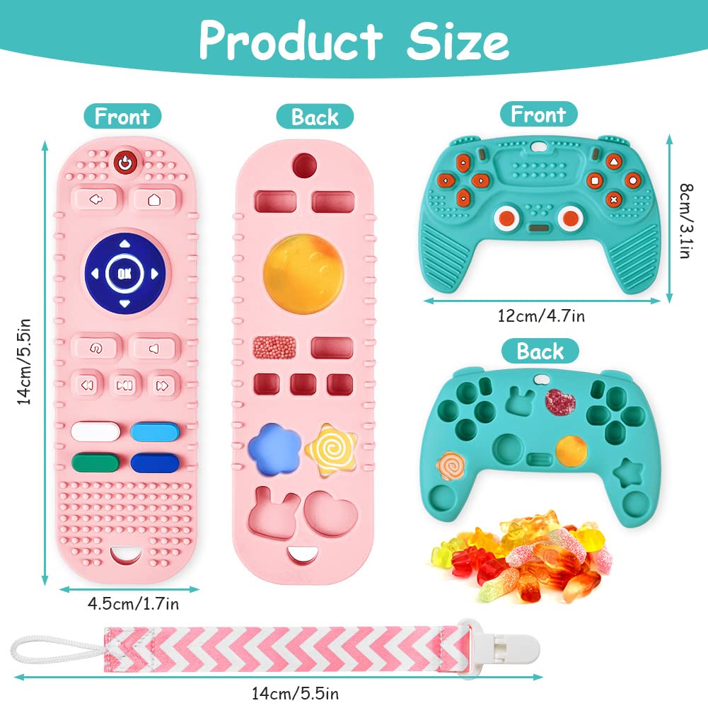 2PCS Silicone Baby Teething Toys, Remote Control Shape Teething Toys and Game Controller Teether Toy with 2PCS Pacifier Clip, BPA Free Silicone Remote Teether for Baby 3+ Months,Frozen(Bule&Pink)