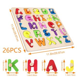 CCMTangHong Wooden Alphabet Puzzle ABC ，Letter Puzzle with Button,Montessori Matching Game Jigsaw Toy，Educational Early Learning Toy Gift for Preschool Year Old Kids