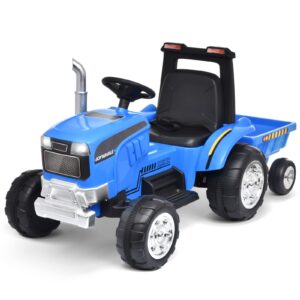 joywhale 12v kids ride on tractor with trailer battery powered motorized electric car for kids ages 3-6, with detachable trailer, 2.4g remote control, exhaust pipe & bright headlight, blue