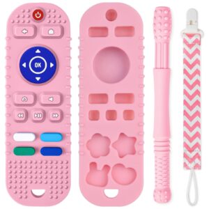 silicone baby teething toys, remote control shape teethers toys with teething tubes and pacifier clip, baby teething toys for 3+ months, remote teething toys bpa free/freezable/dishwasher safe(pink)