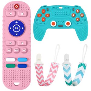 2pcs silicone baby teething toys, remote control shape teething toys and game controller teether toy with 2pcs pacifier clip, bpa free silicone remote teether for baby 3+ months,frozen(bule&pink)