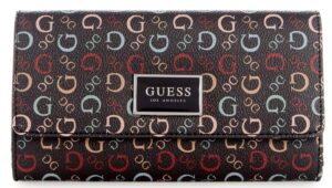 guess women logo print faux leather slim wallet clutch bag - black multi