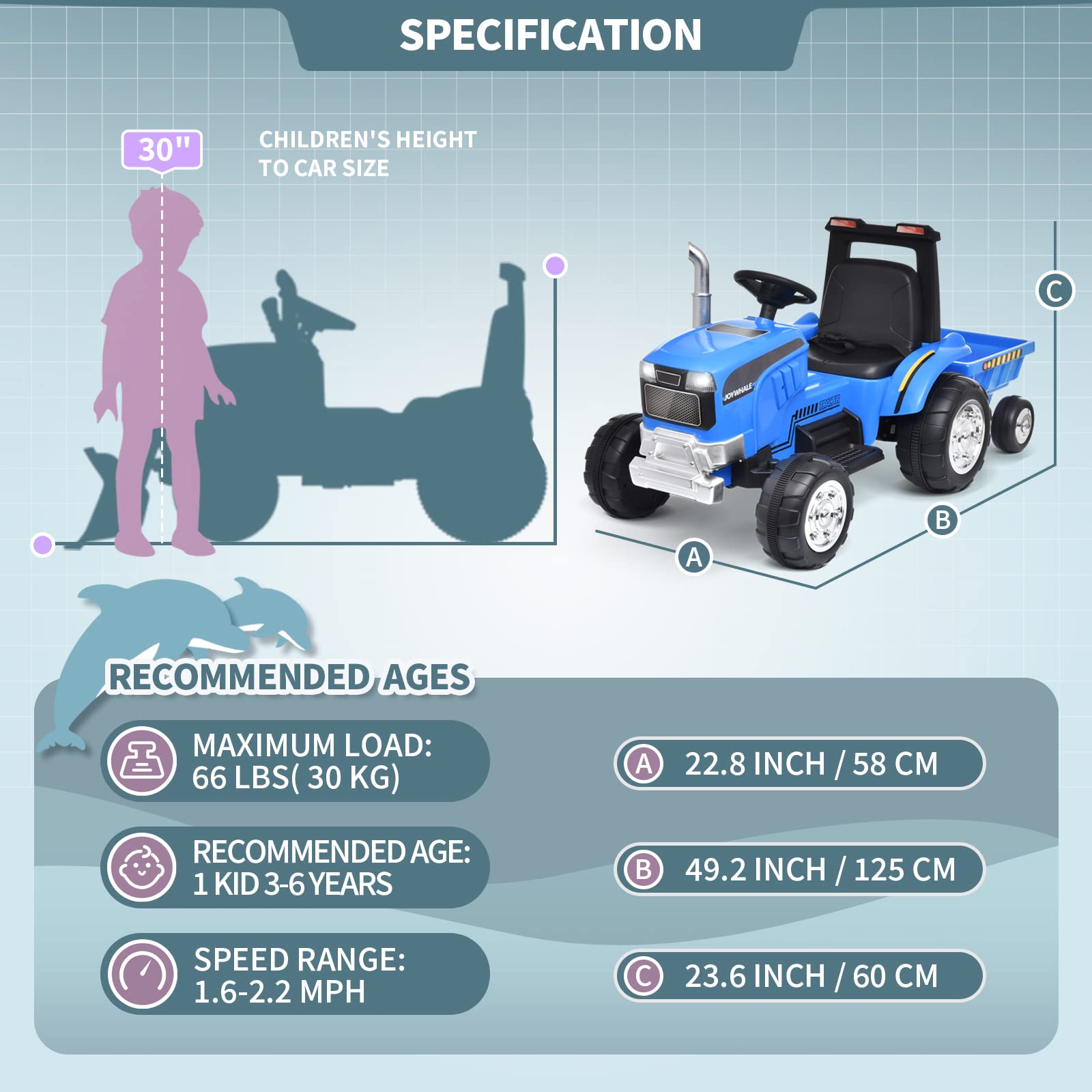 Joywhale 12V Kids Ride on Tractor with Trailer Battery Powered Motorized Electric Car for Kids Ages 3-6, with Detachable Trailer, 2.4G Remote Control, Exhaust Pipe & Bright Headlight, Blue