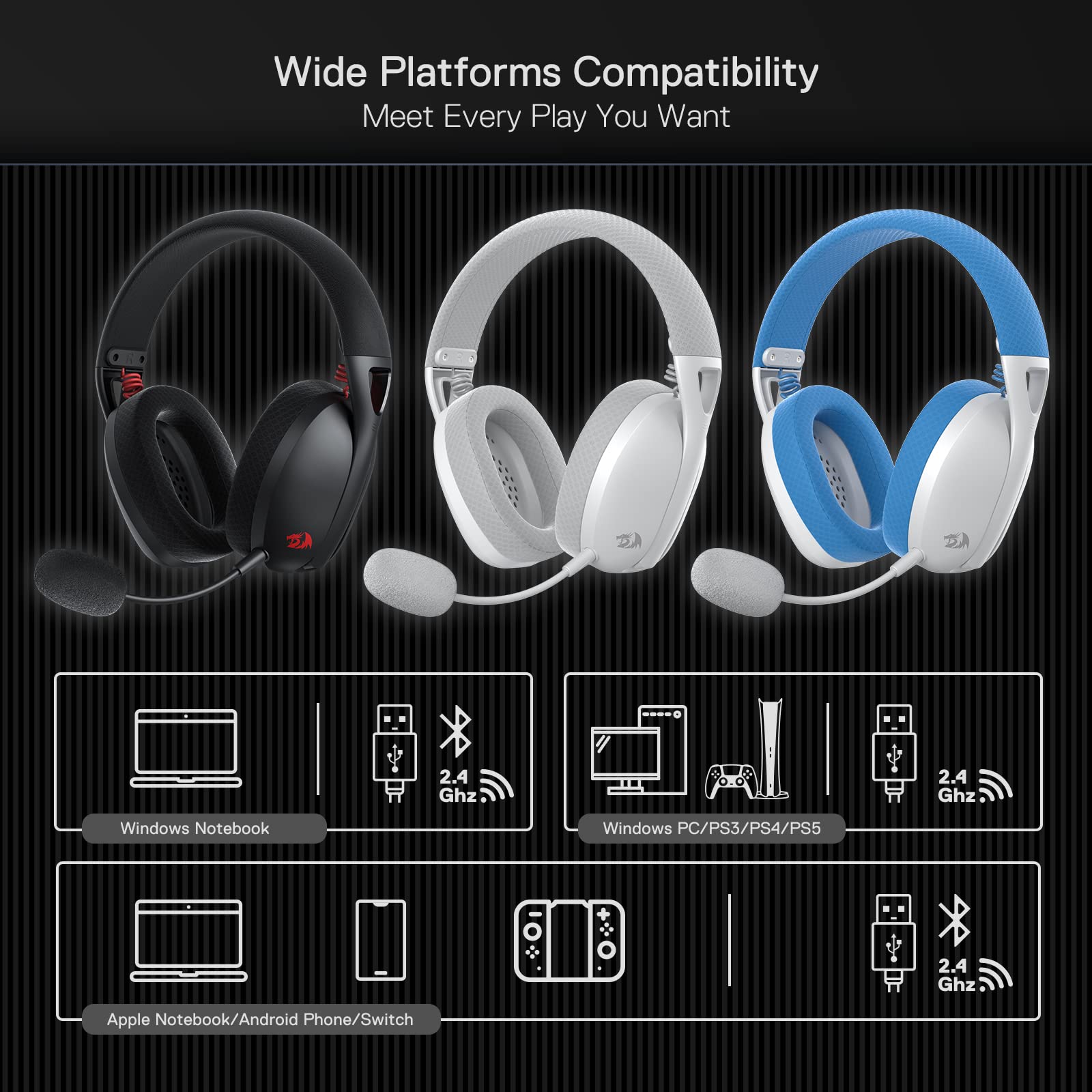 Redragon H848 BT Wireless Gaming Headset - Lightweight - 7.1 Surround Sound - 40MM Drivers - Detachable Microphone - Multi Platforms for PC, PS5/4/3, Switch, Mobile