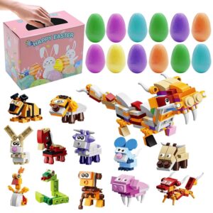 12 pcs prefilled easter eggs with zodiac animal building blocks, surprise easter egg toys easter party favors, easter basket stuffers, easter egg hunting, classroom prizes