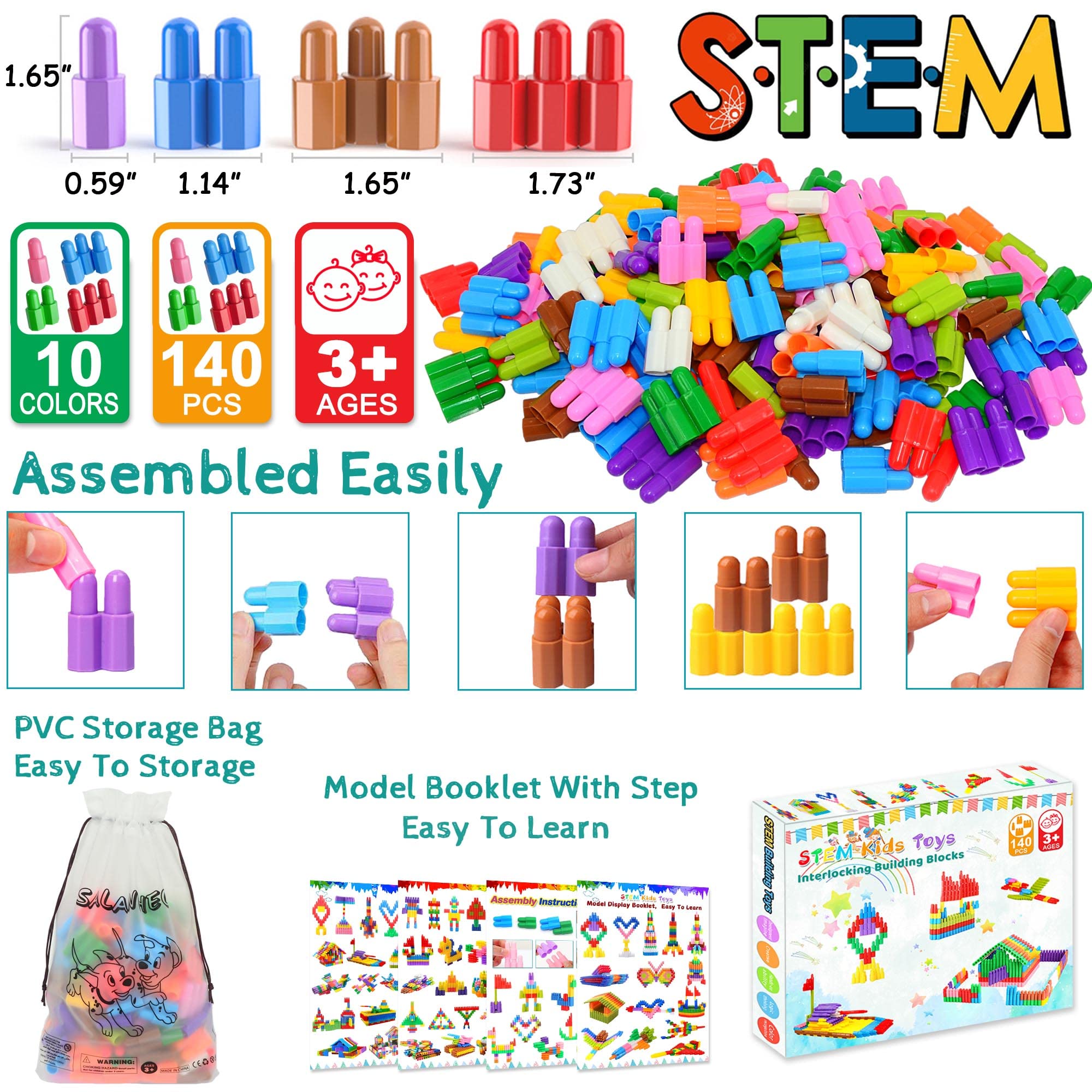 Salanheo Kids 140pcs Set Building Blocks Construction Toy - Learning STEM Toys Educational Kit Child - 10 Colors Building Toys for Kids Ages 3+