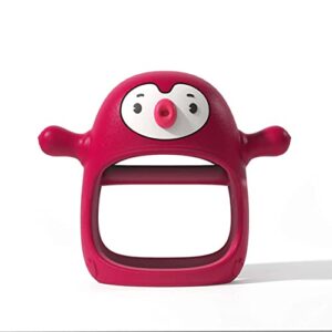 wearable soothing teether, penguin buddy silicone baby teething toy for infants, baby chew toys for sucking needs, hand pacifier for breast feeding babies, car seat toy for new born (red)