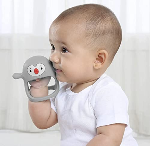 Wearable Soothing Teether, Penguin Buddy Silicone Baby Teething Toy for Infants, Baby Chew Toys for Sucking Needs, Hand Pacifier for Breast Feeding Babies, Car Seat Toy for New Born (Red)