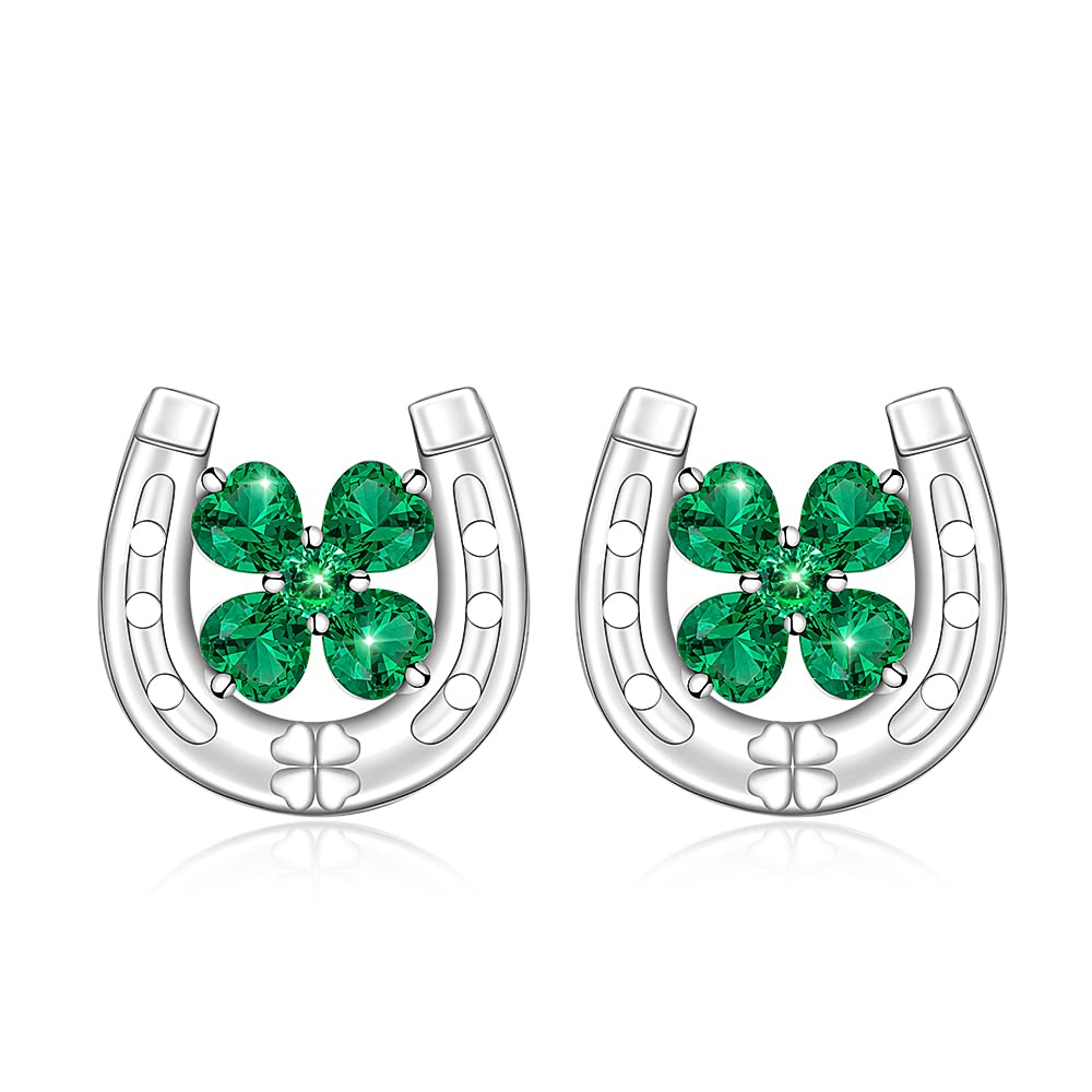 Horseshoe Shamrock Earrings for Women St Patrick's Day Earrings Shamrock Studs Irish Sterling Silver Lucky 4 Leaf Clover Celtic Green Jewelry Valentine Gifts