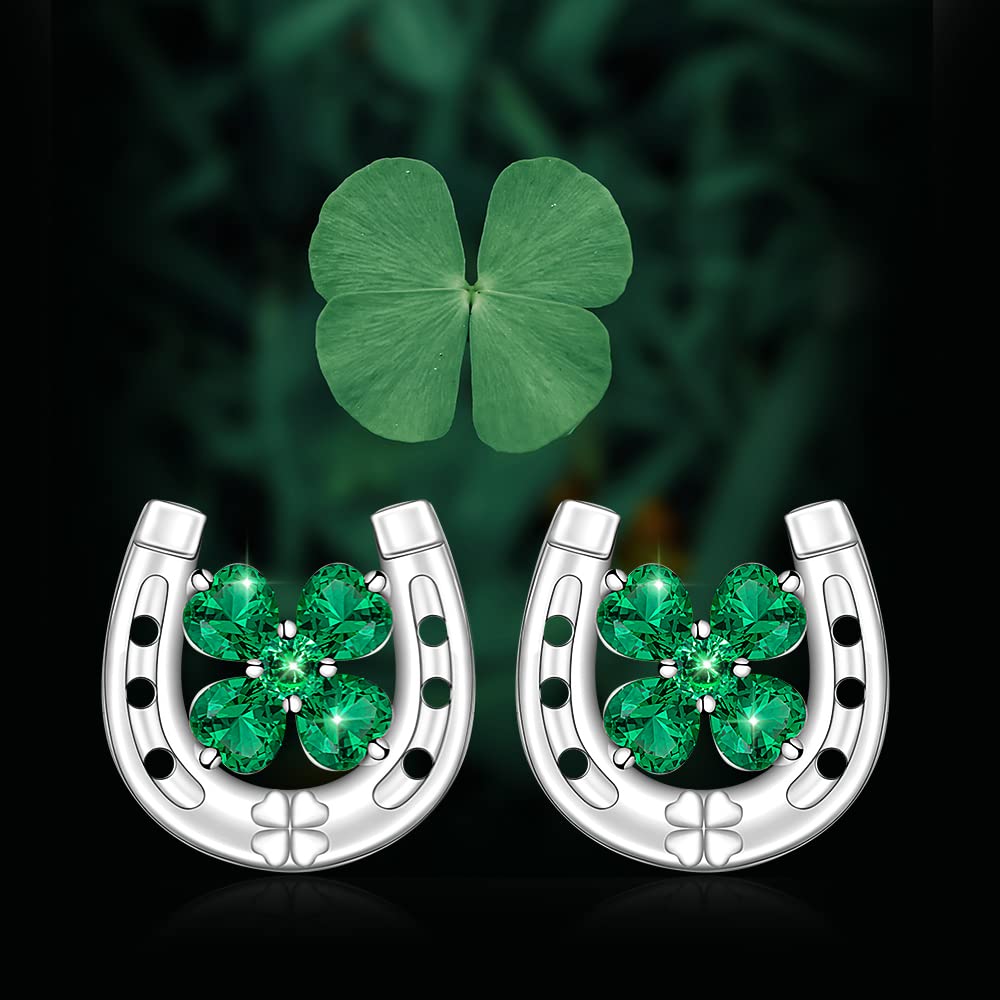 Horseshoe Shamrock Earrings for Women St Patrick's Day Earrings Shamrock Studs Irish Sterling Silver Lucky 4 Leaf Clover Celtic Green Jewelry Valentine Gifts