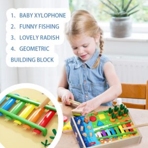 weluyyyi Montessori Toys for Baby Toddler,Wooden Shape Sorting Fine Motor Sensory Toy with Xylophone,Fishing Game,Carrot Harvest 4 in 1 for 3+ Year Old Preschool Learning Educational Baby Gifts