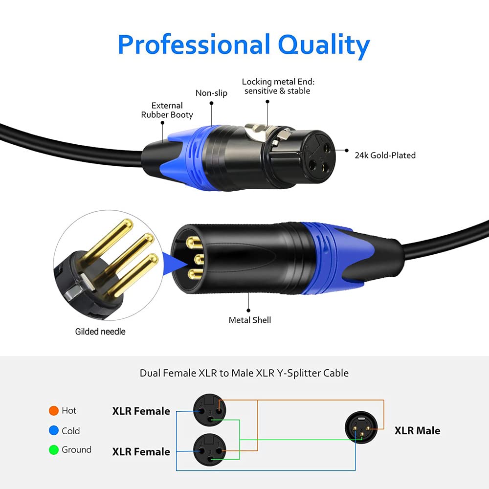 TOYAYAYO XLR Y Splitter Micrphone Cable3pin Splitter Balanced Mic Audio Cables for Stereo Mic to L & R Audio Track (1Pack 1 Male to 2 Female 11.8 Inches)