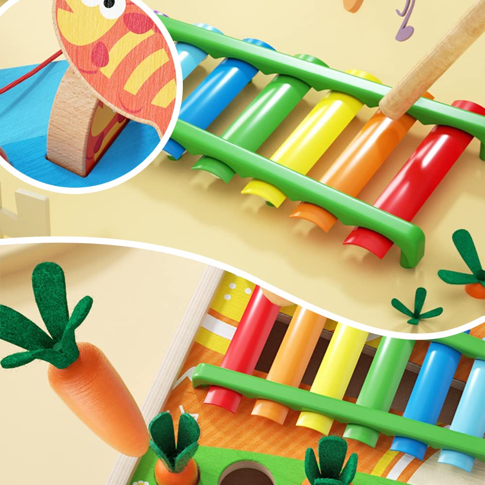 weluyyyi Montessori Toys for Baby Toddler,Wooden Shape Sorting Fine Motor Sensory Toy with Xylophone,Fishing Game,Carrot Harvest 4 in 1 for 3+ Year Old Preschool Learning Educational Baby Gifts