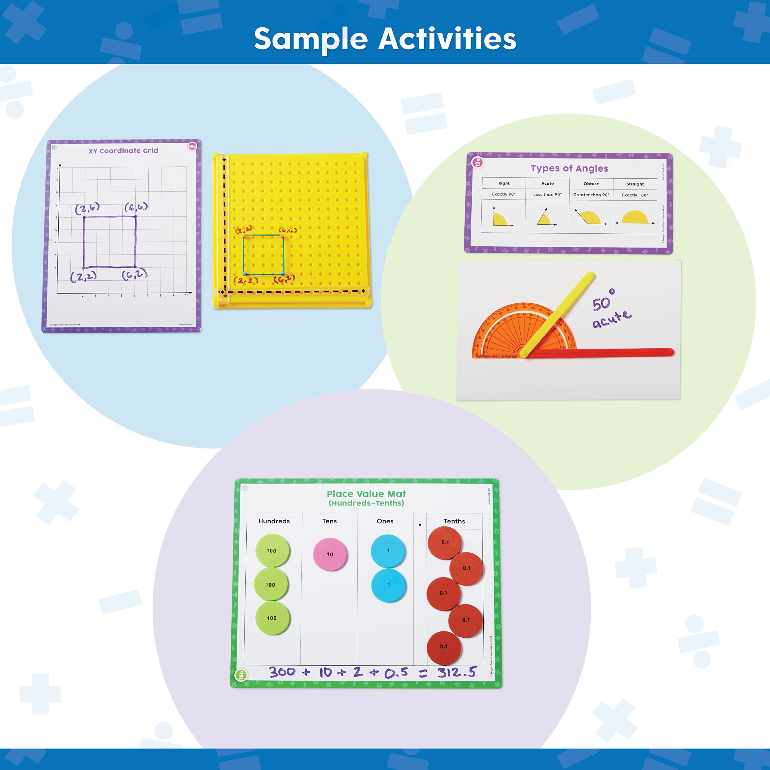 hand2mind Math Tools Small Group Sets 4-5 by Reagan Tunstall & Kristina Grant, Math Manipulatives, Base Ten Blocks, Color Tiles, Fraction Circles, Pattern Blocks, Place Value Chips, Classroom Supplies