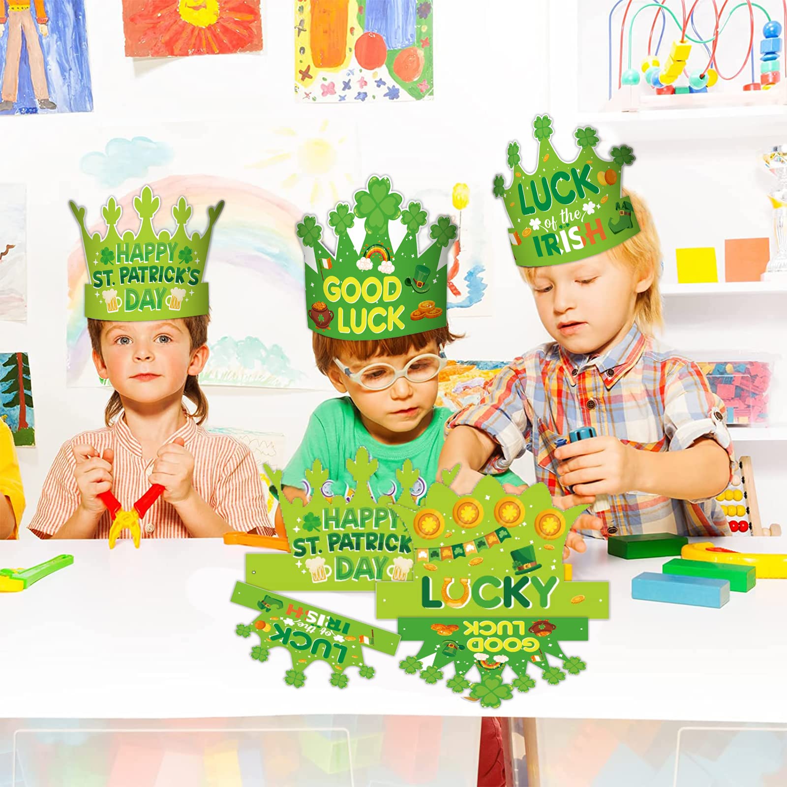 24 Pcs St. Patrick's Day Crown Crafts Kit,St. Patrick’s Day DIY Irish Party Shamrock Paper Hat for St. Patrick's Day Favors Supplies Decoration.