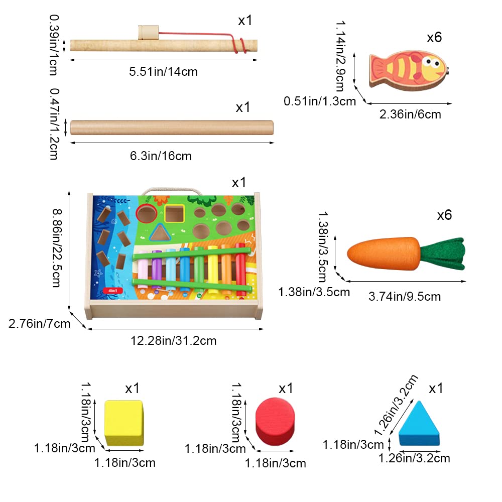 qiangXINGYai 4-in-1 Montessori Wooden Hammering Pounding Toys for Toddlers Age 1-3 with Xylophone,Shape Sorting,Magnetic Fishing,Game for Toddlers 1-3 Baby Early Development Educational Toys