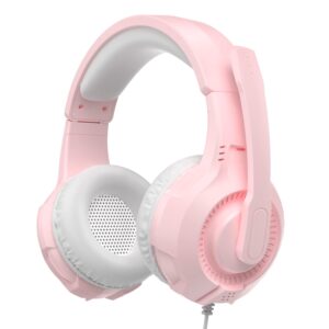 emonoo headphones with microphone surround sound active noise canceling pink wired gaming headphones - 3.5mm audio jack stereo headset for pc, ps4, ps5, switch, xbox one, pink (game/work/school)