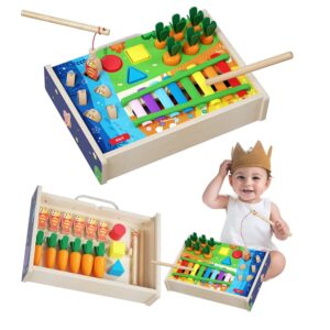 qiangxingyai 4-in-1 montessori wooden hammering pounding toys for toddlers age 1-3 with xylophone,shape sorting,magnetic fishing,game for toddlers 1-3 baby early development educational toys