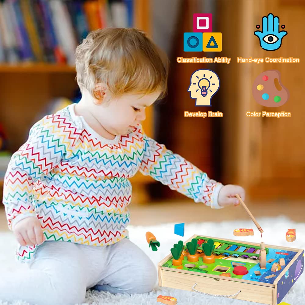 qiangXINGYai 4-in-1 Montessori Wooden Hammering Pounding Toys for Toddlers Age 1-3 with Xylophone,Shape Sorting,Magnetic Fishing,Game for Toddlers 1-3 Baby Early Development Educational Toys